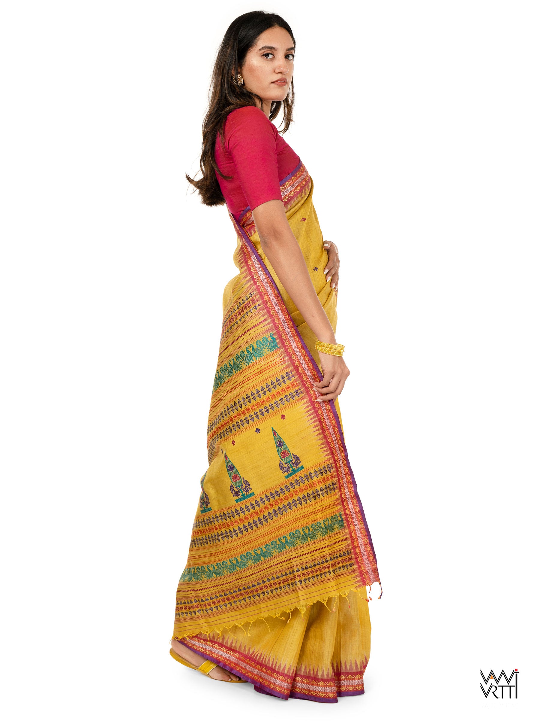 Yellow Tree of Life Handspun Tussar Silk Saree
