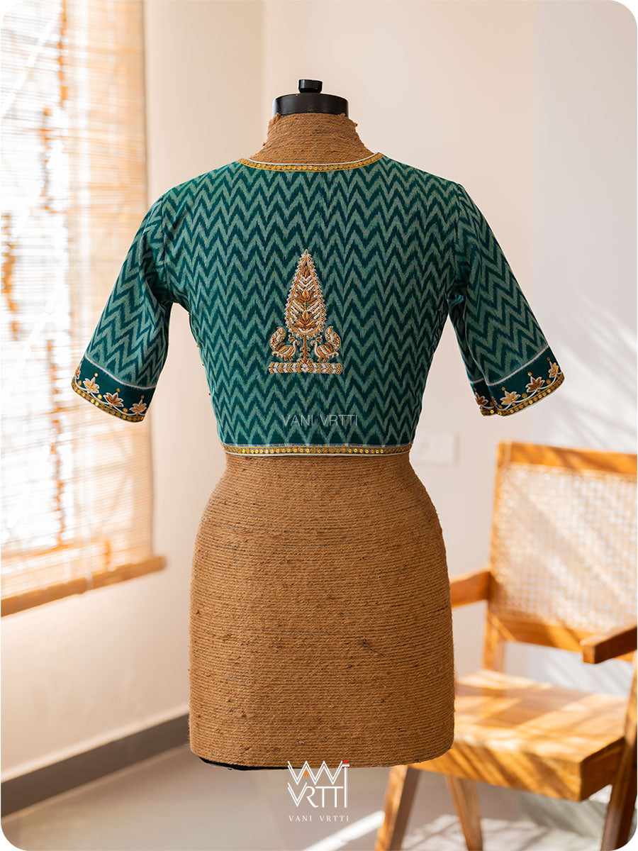 Emerald Green Tree Of Life Zardozi Cotton Ikat Blouse