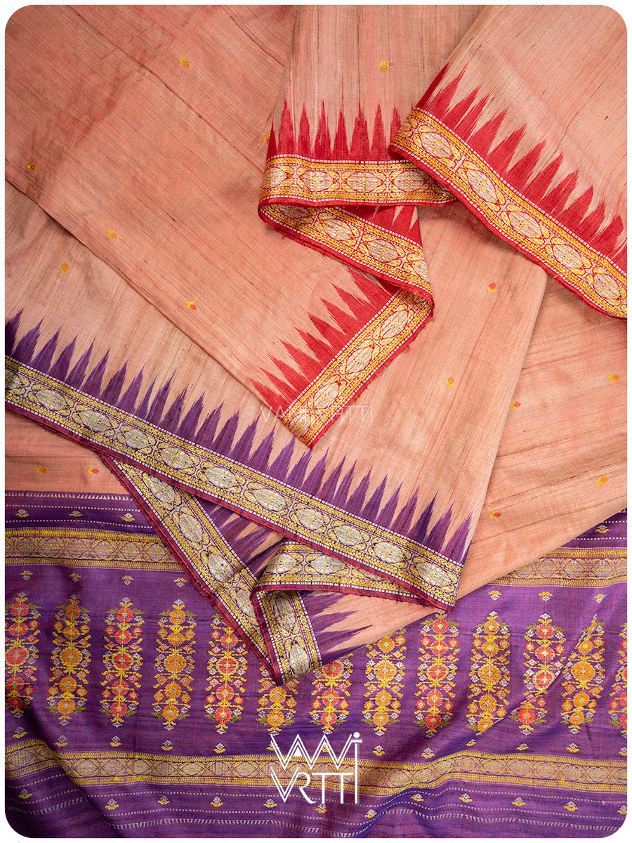 Light Peach Red Purple Brahma Kamal Master Weave Exclusive Handspun Tu